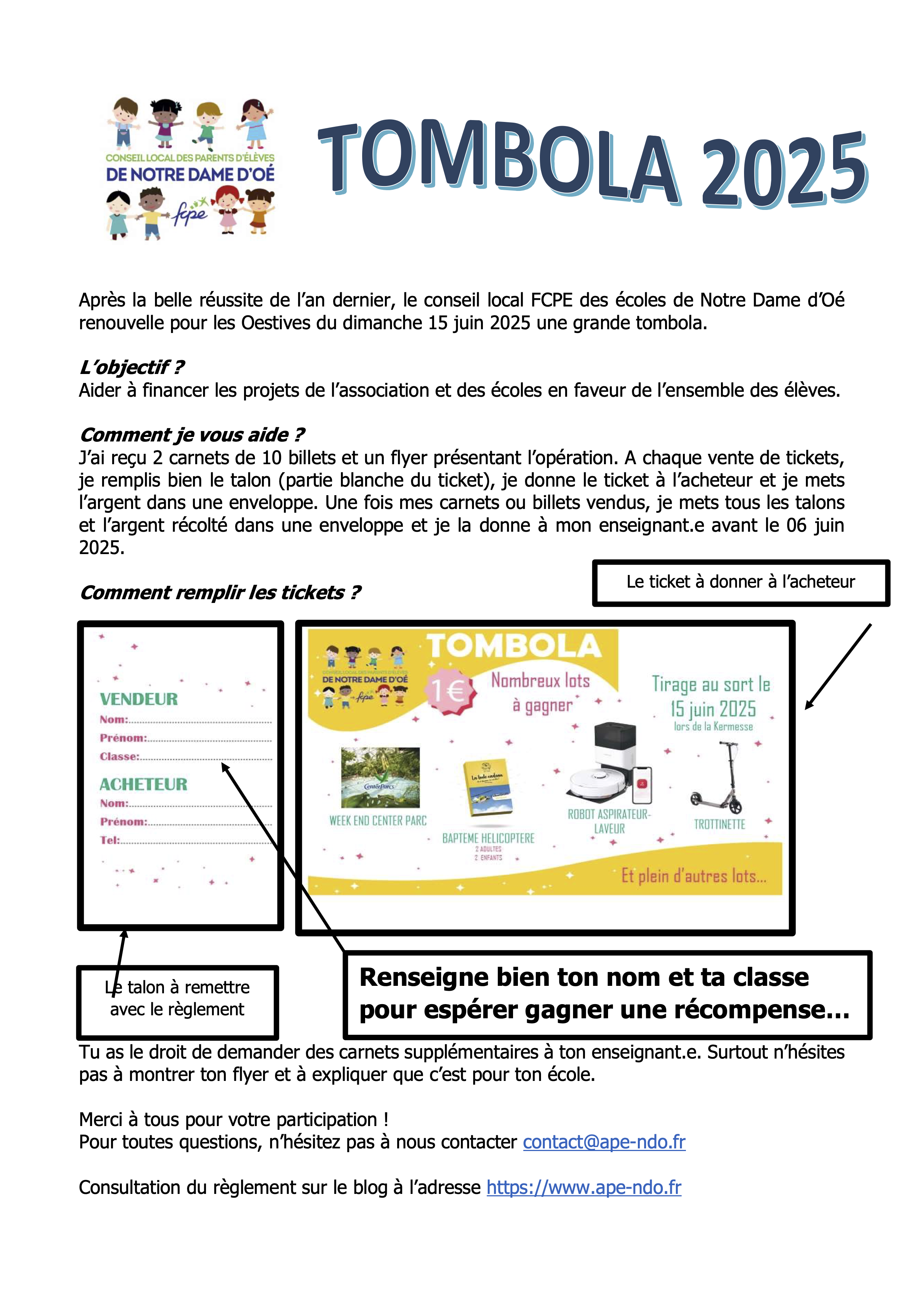 Tombola 2025 - Association de Parents d'élèves Notre-Dame-d'Oé